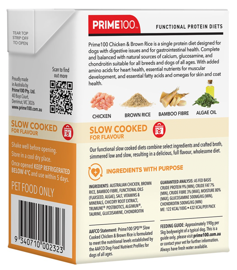 Prime100 SPD Slow Cooked Chicken & Brown Rice 354g – PET DESTINATION